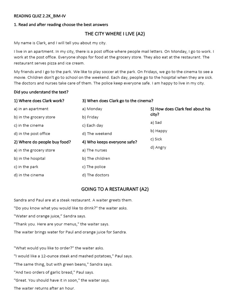 Reading Quiz 2.2K | PDF | Waiting Staff | Restaurants