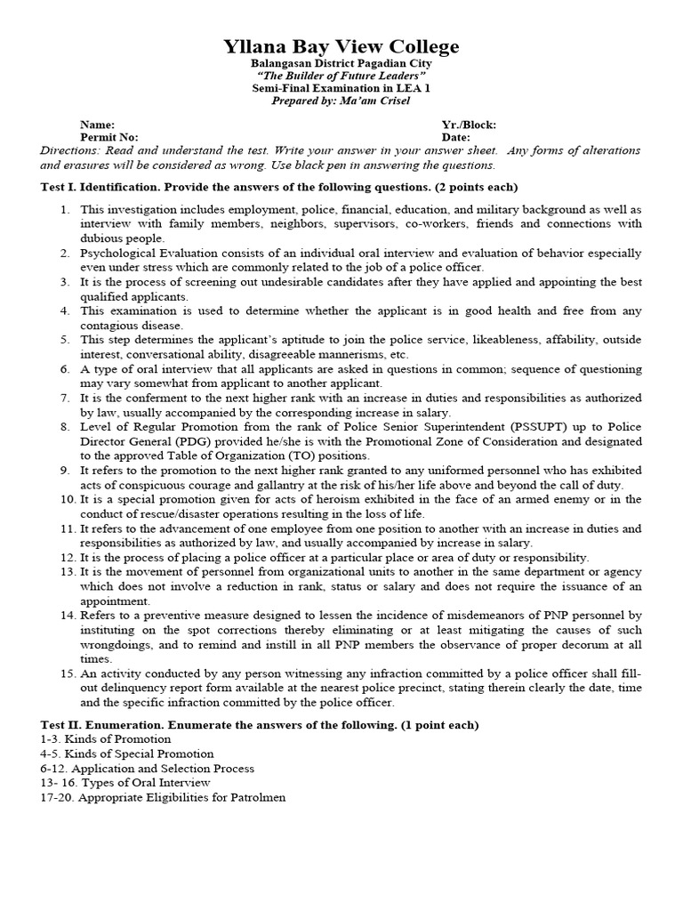 LEA 1 Semi-Final Exam Guide | PDF | Police | Justice