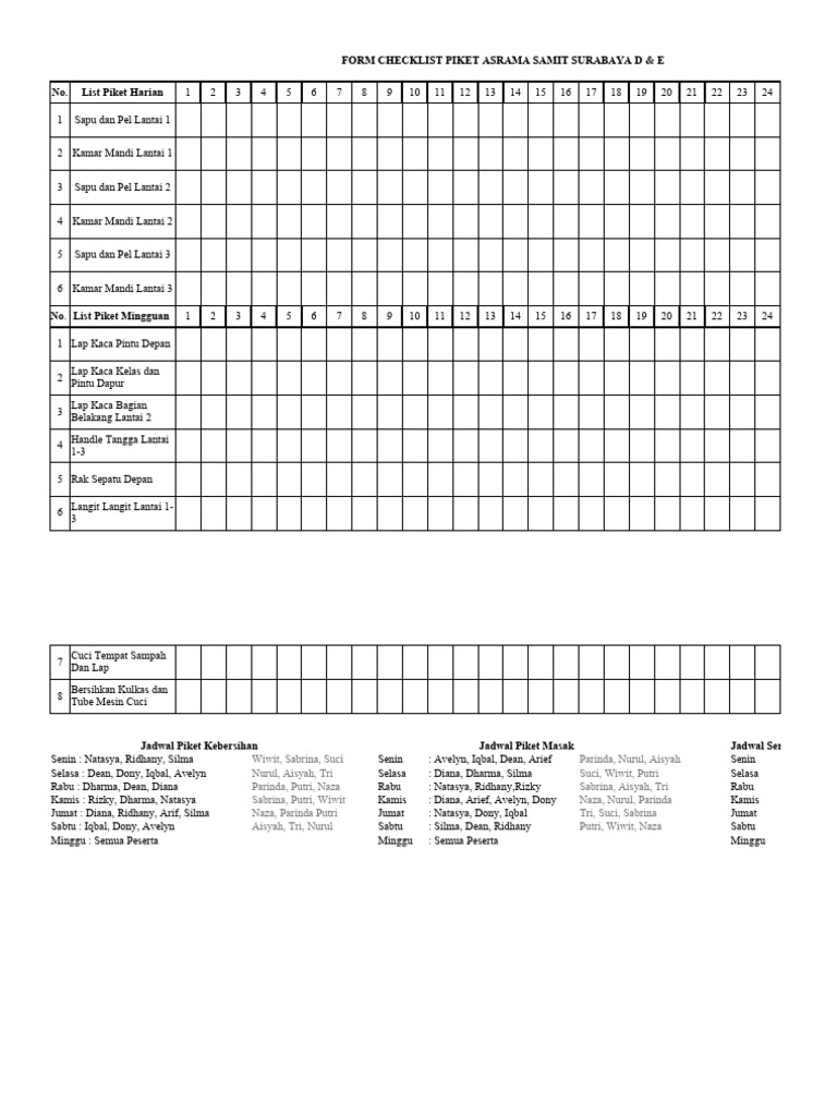 Checklist Piket Asrama Samit Surabaya | PDF