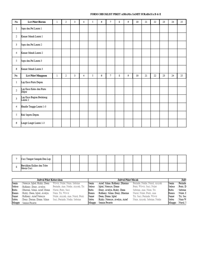 Form Checklist Dan Jadwal Piket Surabaya D E Baru | PDF