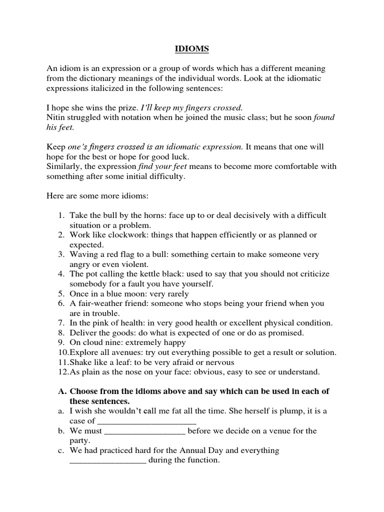 Idioms Assignment For Class 8 PDF