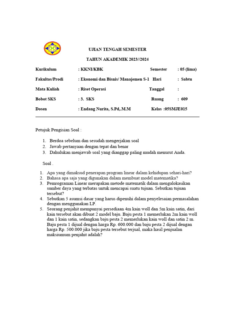 Soal UTS Riset Operasi | PDF