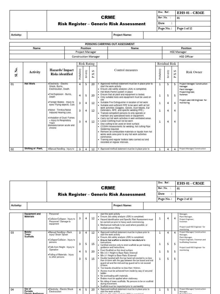 Generic Risk Assessment Template | PDF | Personal Protective Equipment ...