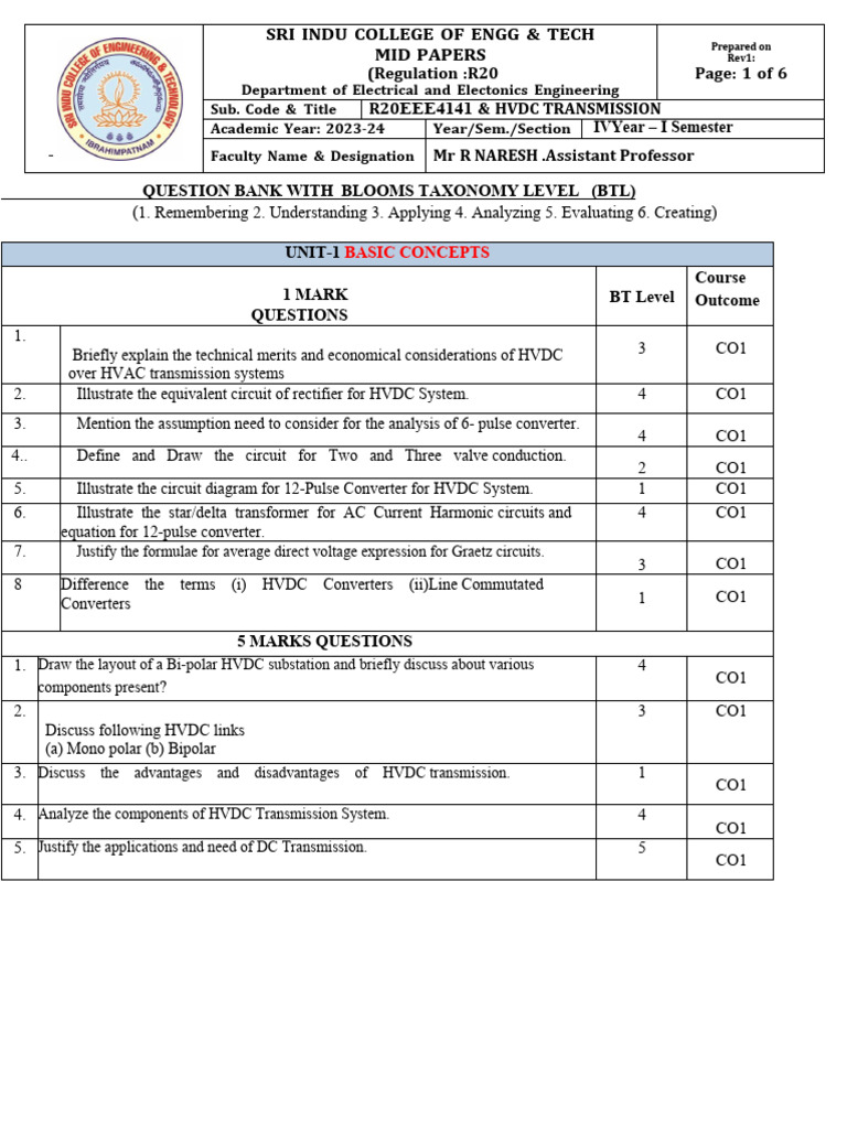 HVDC Transmission Question Bank | PDF | High Voltage Direct Current | Electric Power Transmission