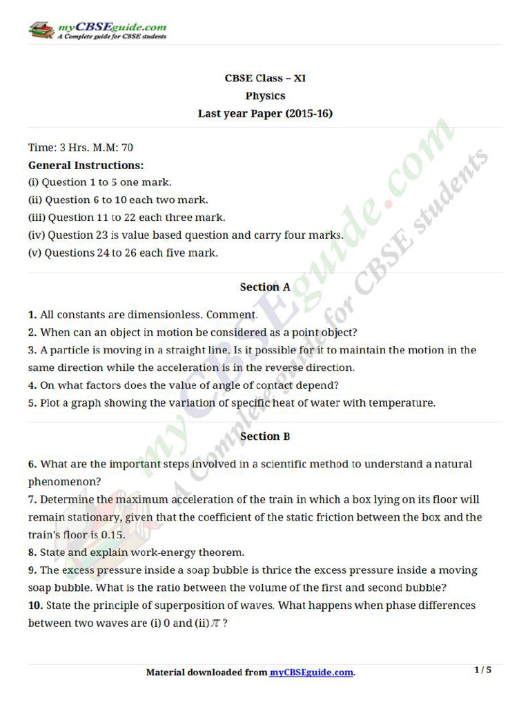 11 Physics Lyp 2015 16 Set5 | PDF