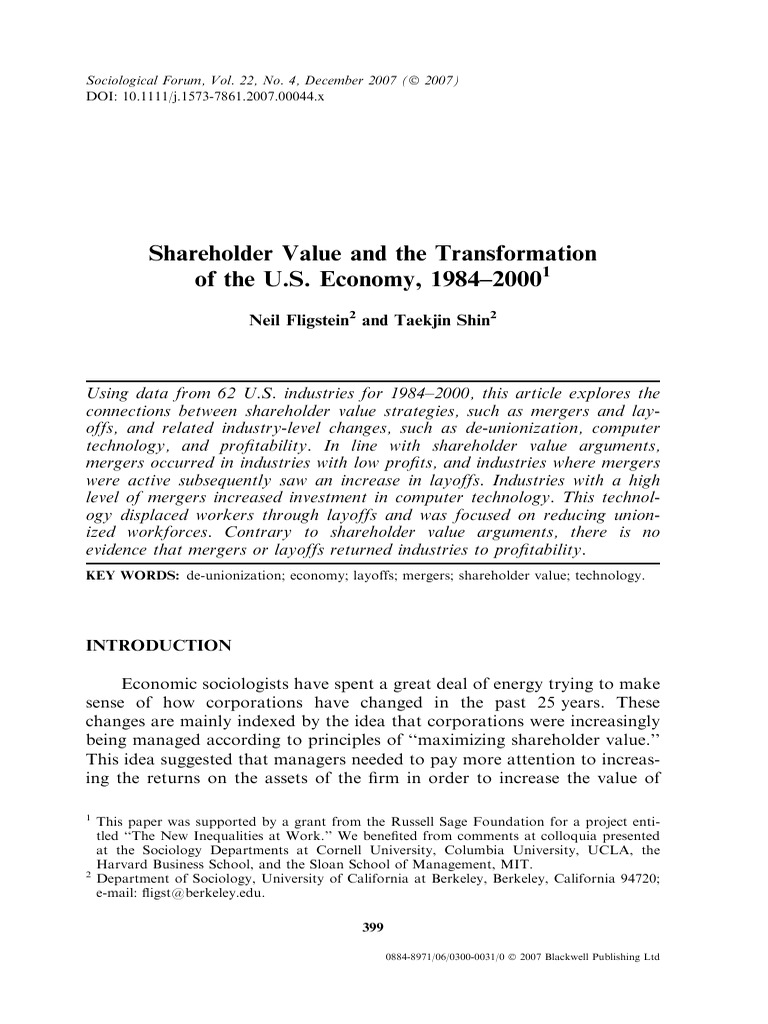 FRIGSTEIN, Neil SHIN, Taekjin. Shareholder Value and The Transformation ...