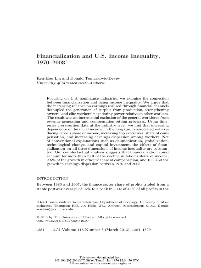 LIN, Ken-Hou DeVEY, Donald. Financialization and U.S. Income Inequality, 1970-2008 | PDF ...