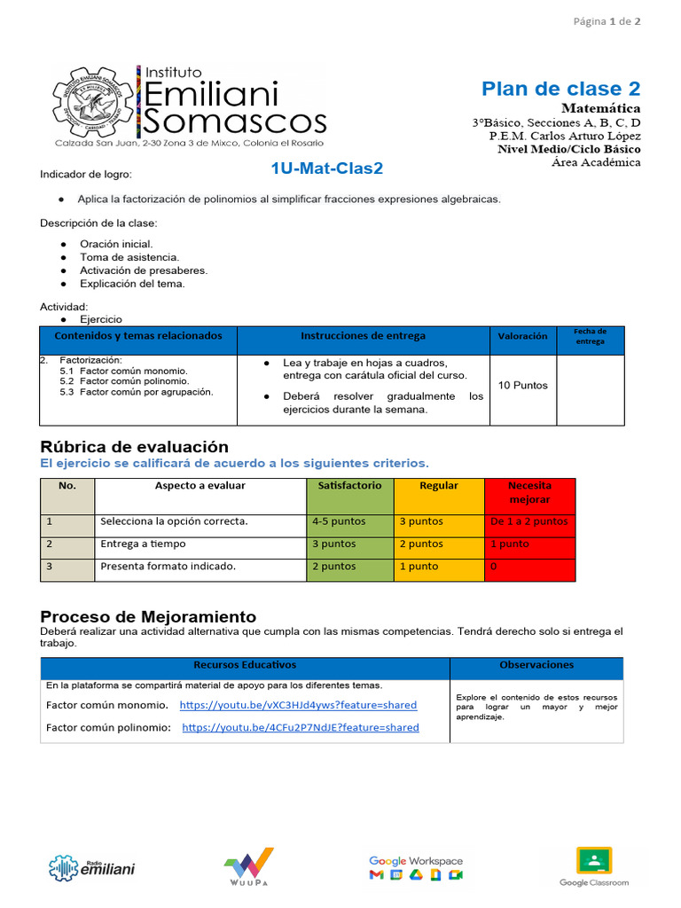 Plan de Clase 2 Mate 3o Basico | PDF