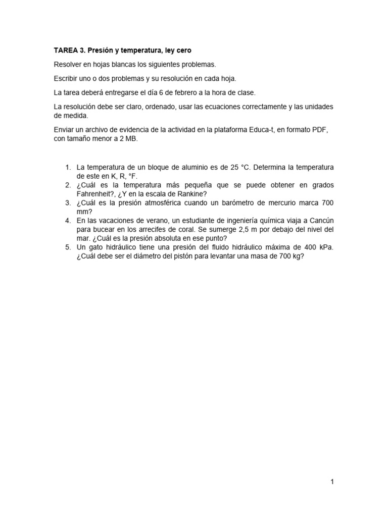 Tarea 3 Unidad 1 Termo | PDF | Temperatura | Presión
