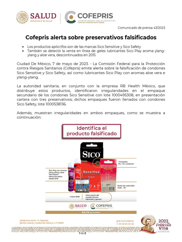 Alerta Cofepris: Falsificación de preservativos Sico | PDF | Condón