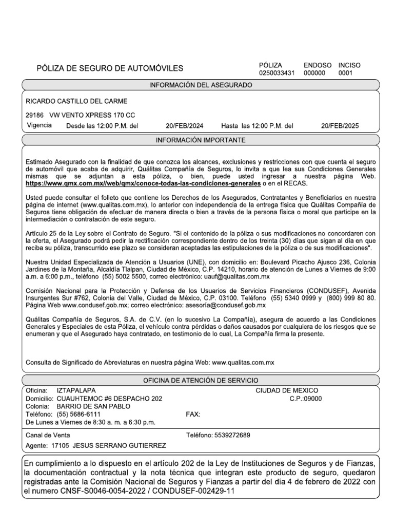 Poliza Ricardo Vento Qualitas | PDF