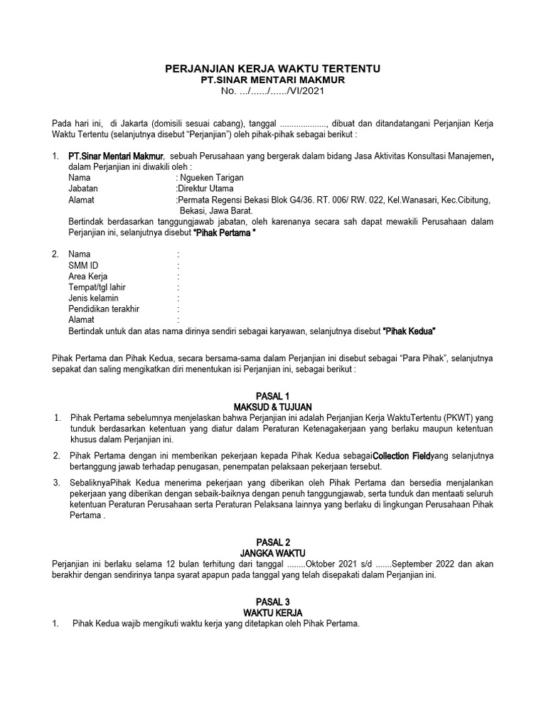 New Draft PKWT Pt. SMM 2021 | PDF