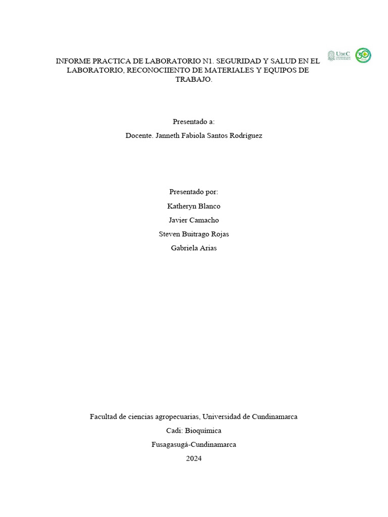 Informe Bioquimica (Seguridad y Salud en El Laboratorio) Final | PDF