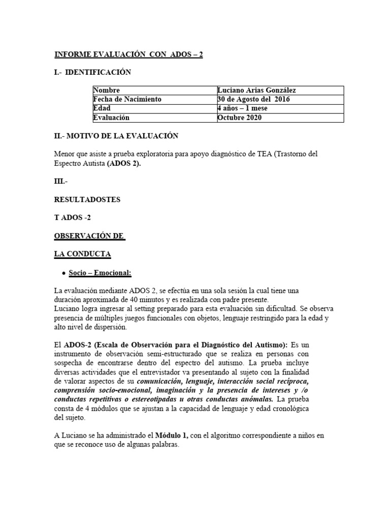 ADOS 2 - Ejemplo de Informe | PDF