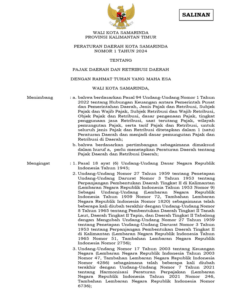 Perda Nomor 1 Tahun 2024 Tentang Pajak Daerah Dan Retribusi Daerah ...