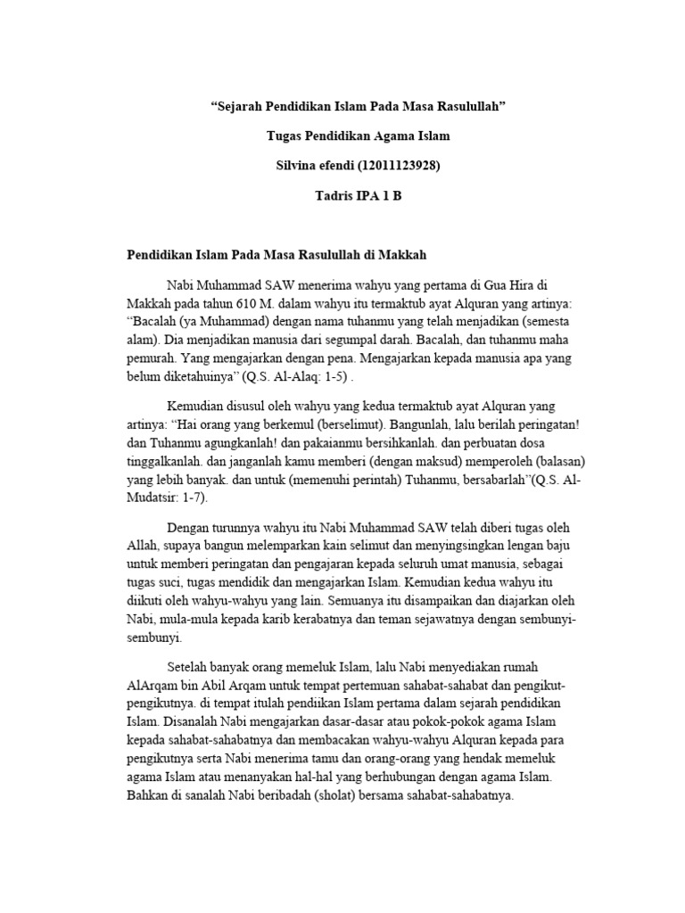 Sejarah Pendidikan Islam Pada Masa Rasulullah | PDF