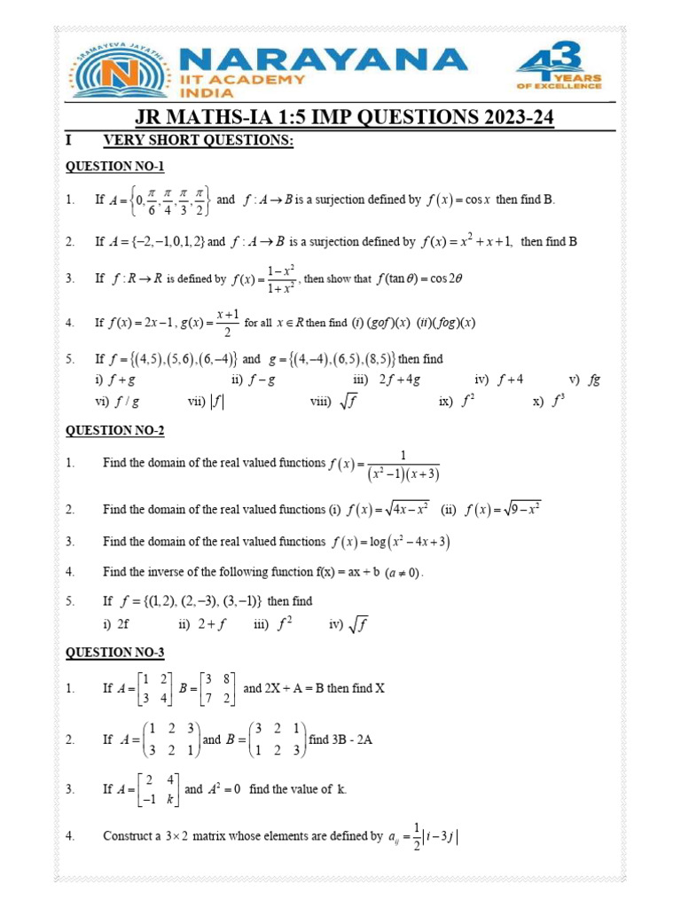 TS - JR - Maths Ia - Imp Questions 2023-24 | PDF | Line (Geometry) | Mathematical Analysis