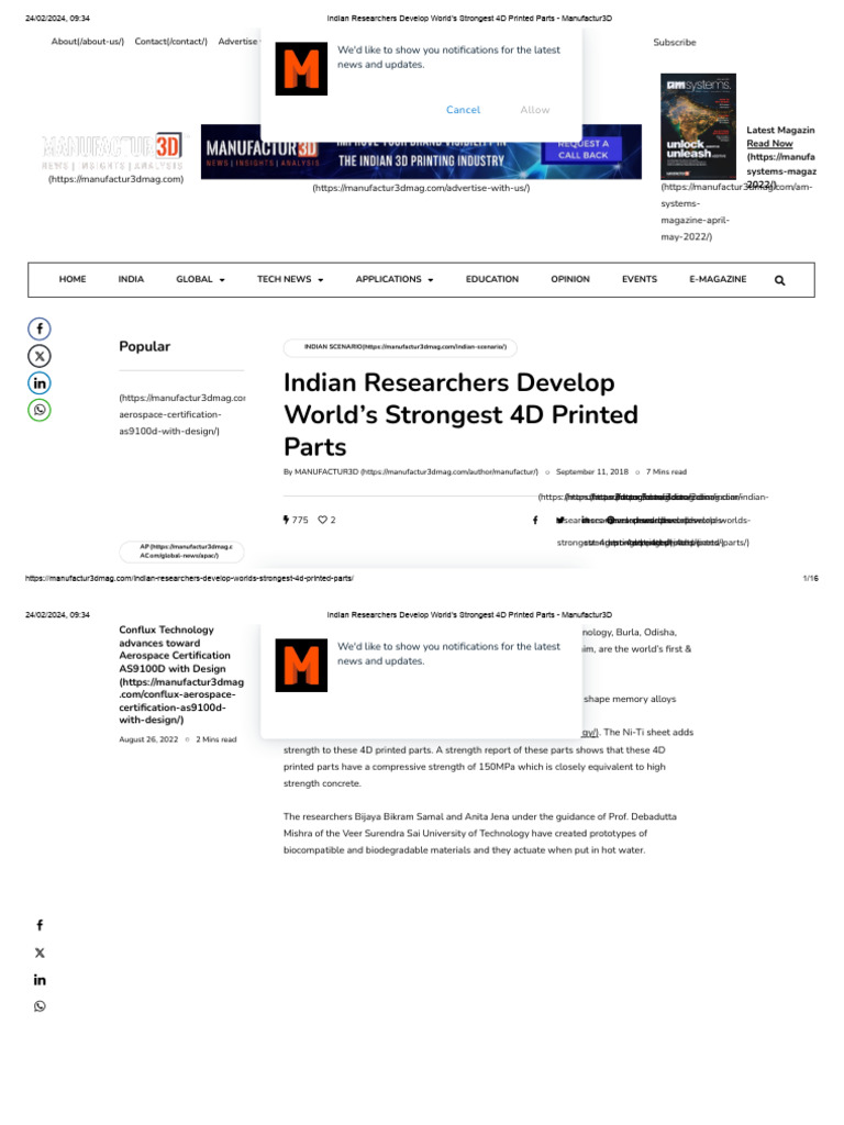 Indian Researchers Develop World's Strongest 4D Printed Parts | PDF | 3 ...