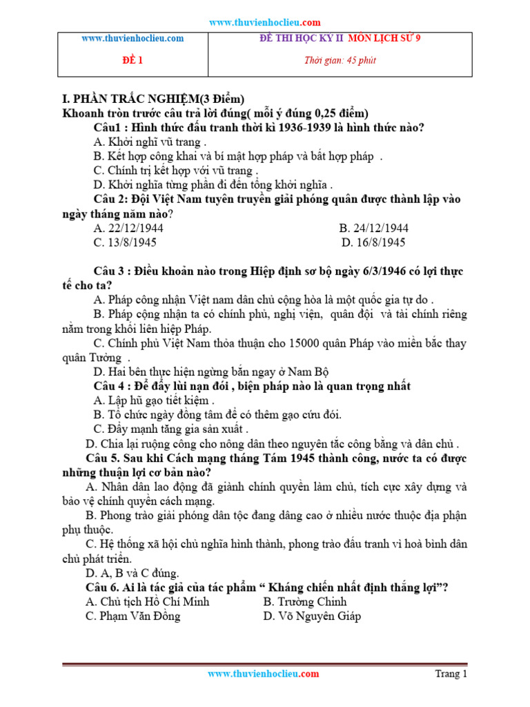 10 Đề Thi HK2 Môn Sử 9 Có Đáp Án | PDF