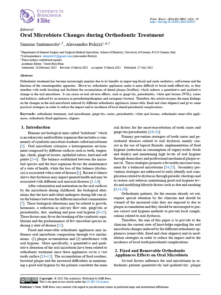 Oral Microbiota Changes During Orthodontic Treatment: Simona Santonocito, Alessandro Polizzi ...