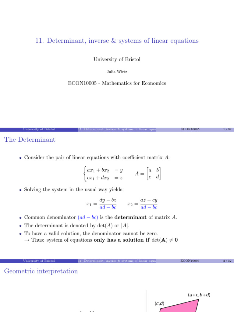 Lecture Determinant Inverse Systems of Linear Equations | PDF | Matrix (Mathematics) | Determinant