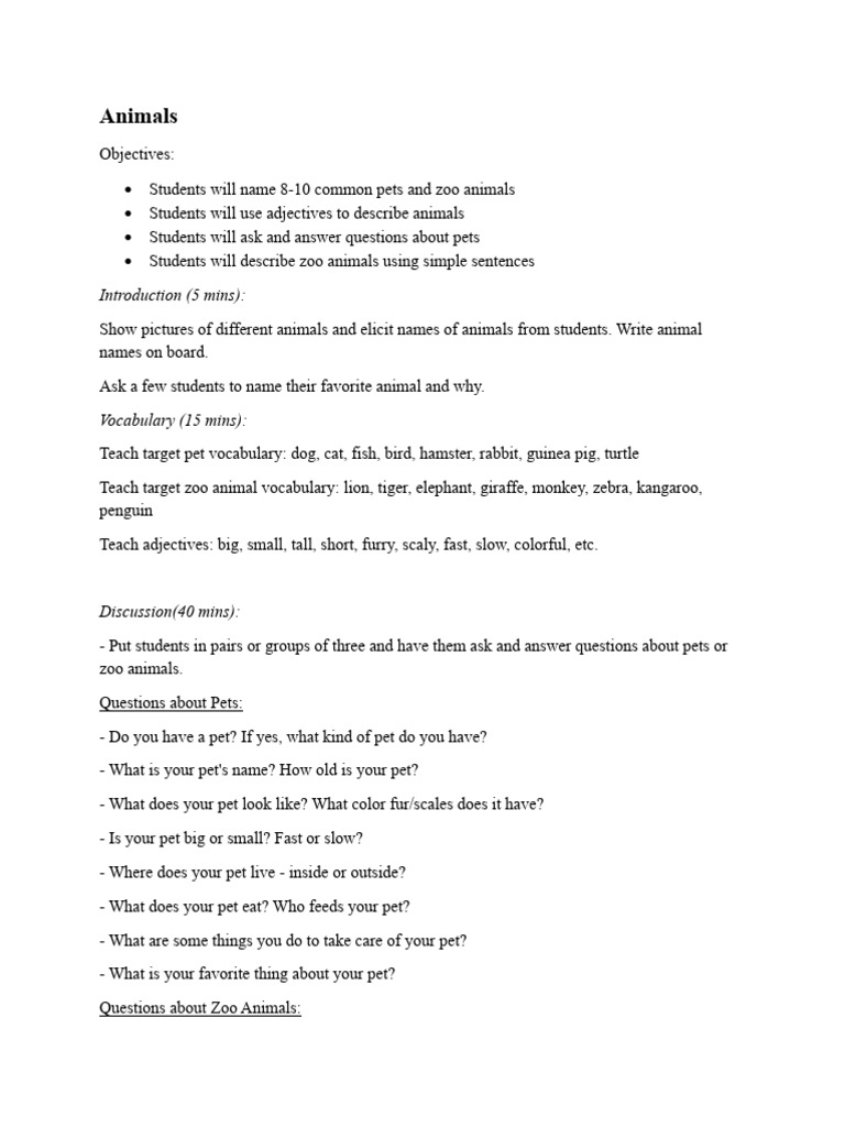 Pets and Zoo Animals Worksheet | PDF | Pet | Elephant