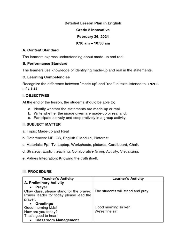 DLP English2 Made-Up and Real | PDF | Learning | Lesson Plan