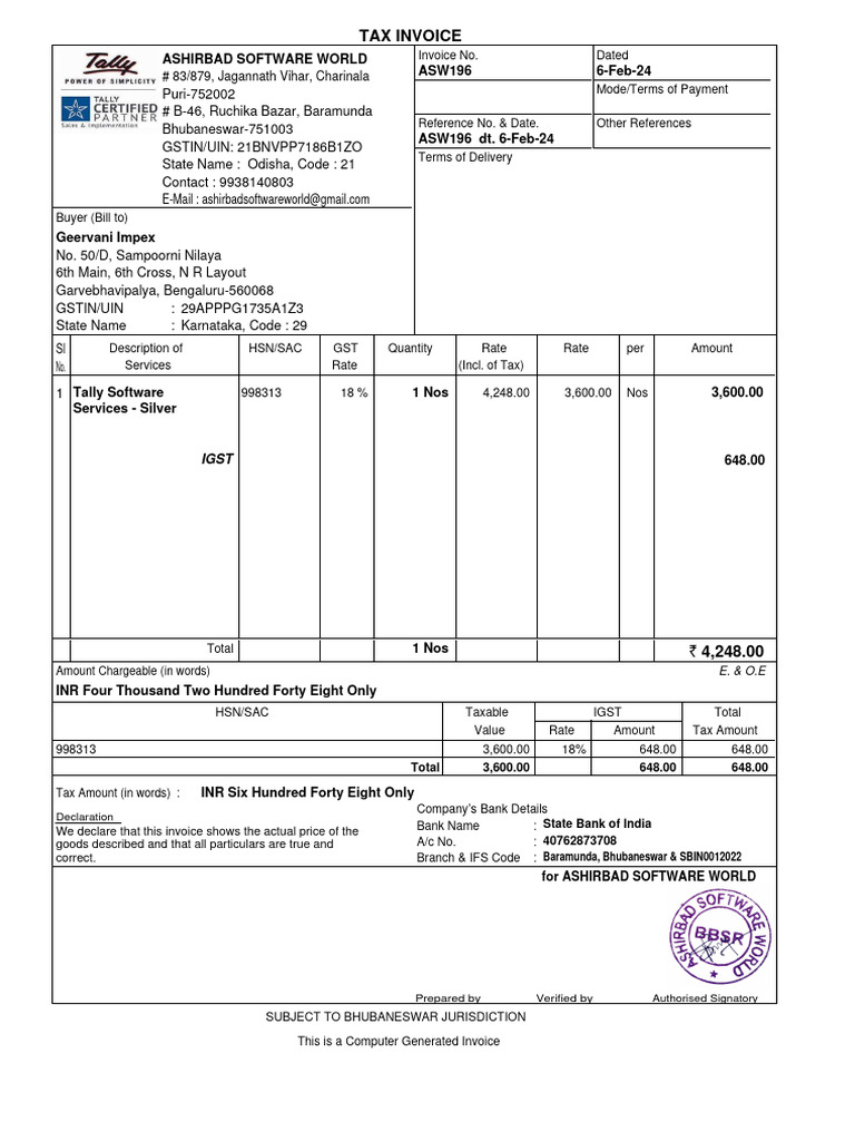 Tally Software Invoice Feb 2024 | PDF | Invoice | Money