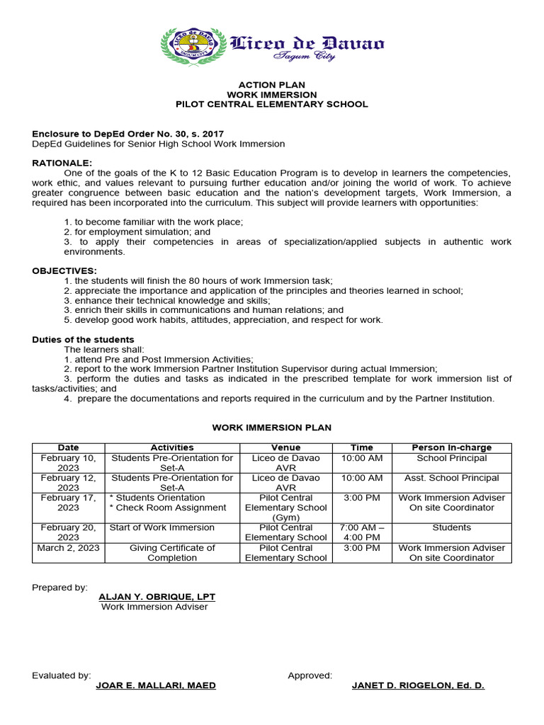 ACTION PLAN - Work - Immersion | PDF | Curriculum | Cognitive Science