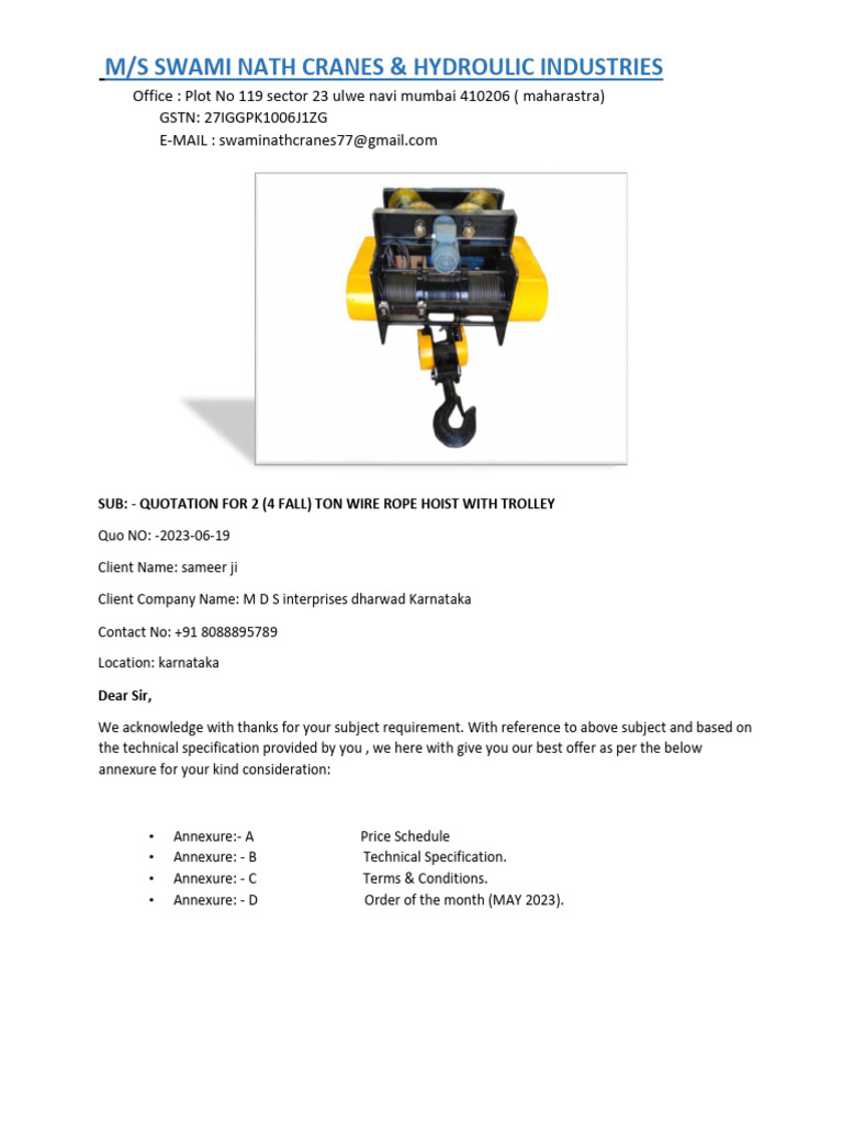 Wire Rope Hoist 2 Ton | PDF | Crane (Machine) | Electric Motor