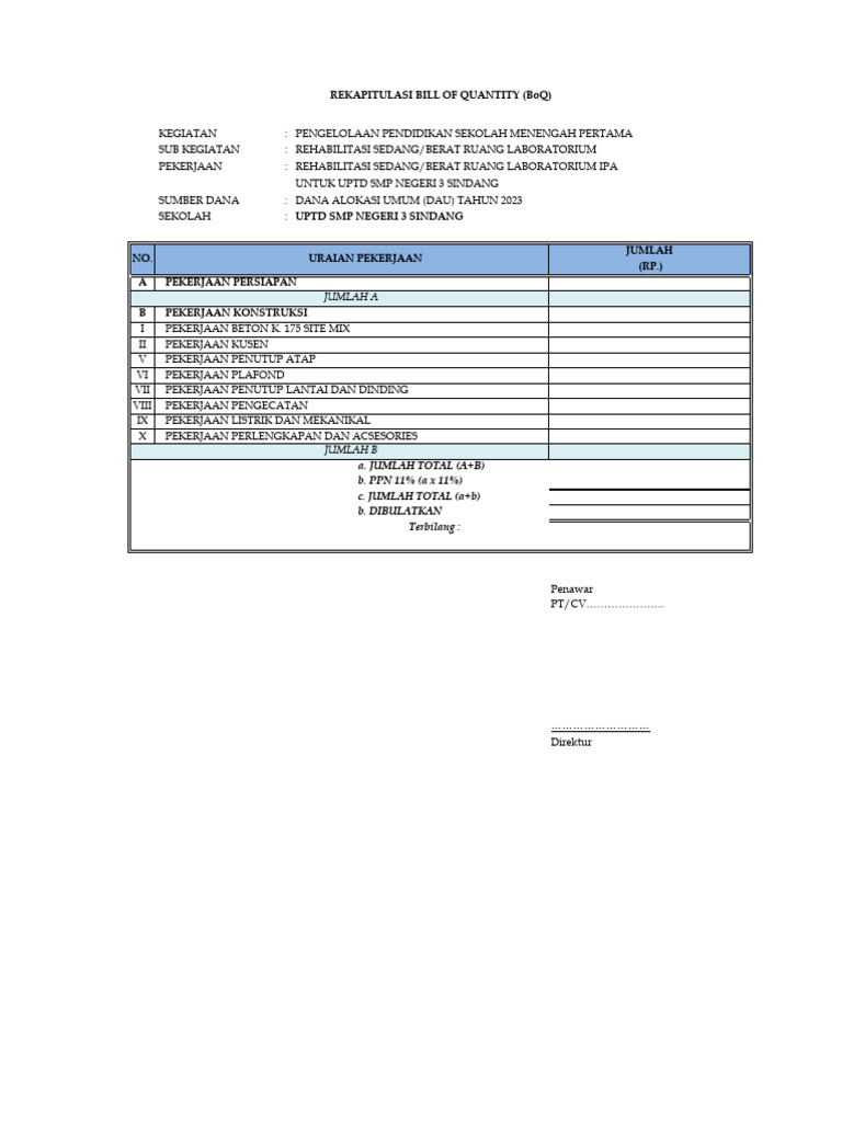 Boq Rab SMPN 3 Sindang Lab Blank | PDF