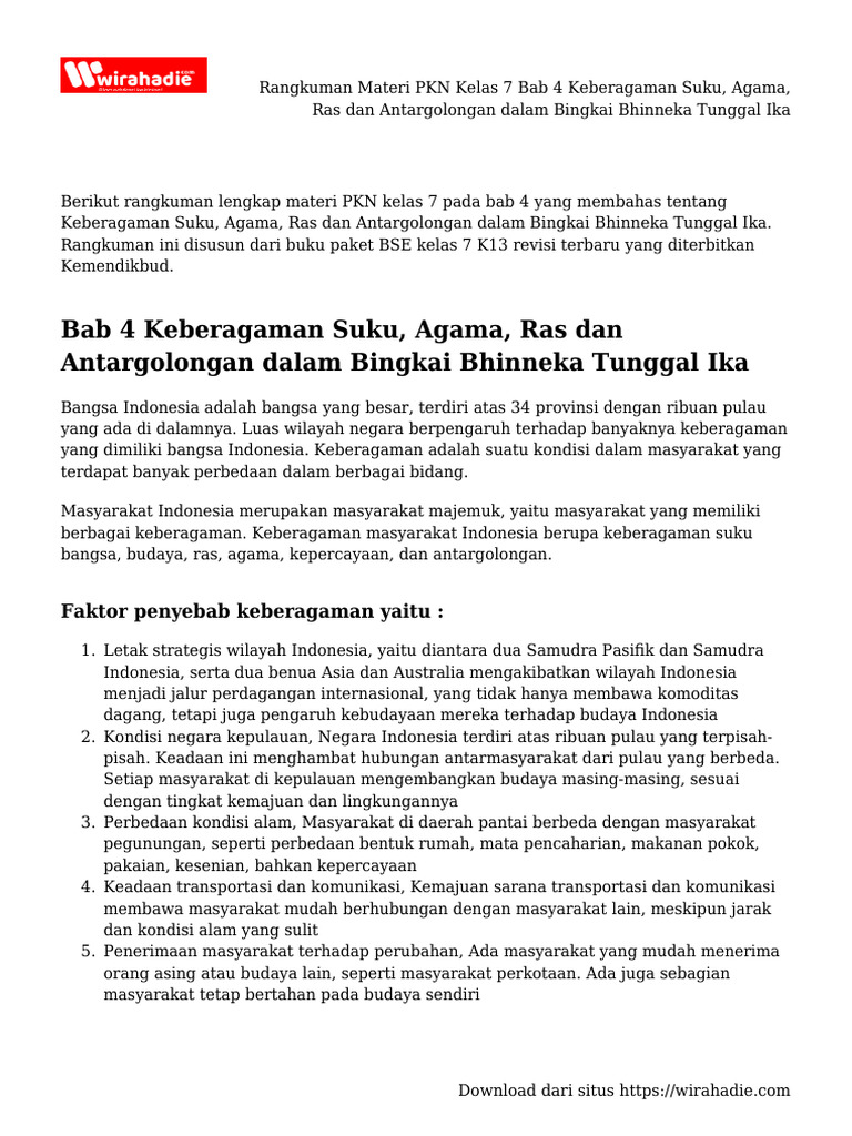 Rangkuman Materi PKN Kelas 7 Bab 4 Keberagaman Suku, Agama, Ras Dan Antargolongan Dalam Bingkai ...