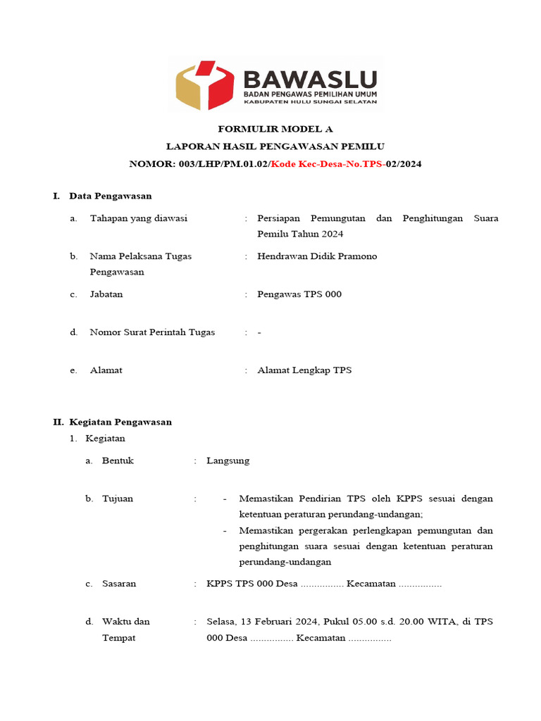 Contoh Formulir Model A PTPS 2024 | PDF