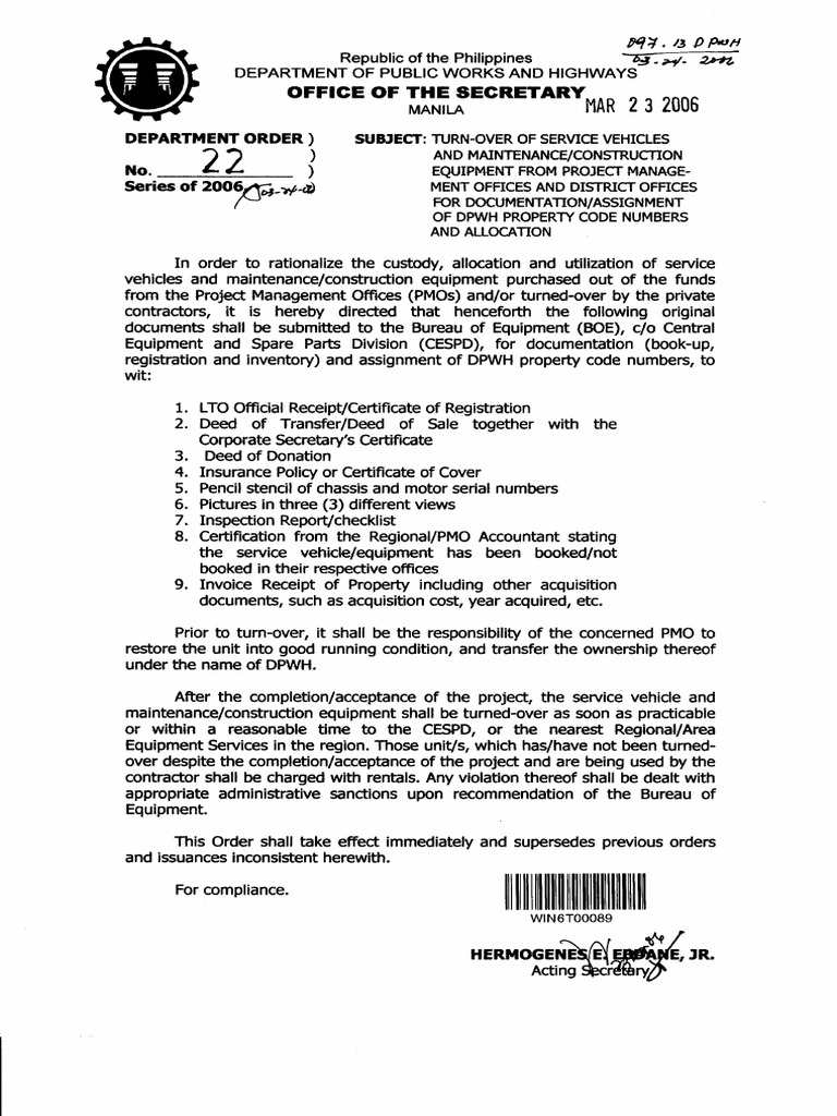 Office of N Ecretary: Department Order) Subjecf: Turn-Over of Service ...