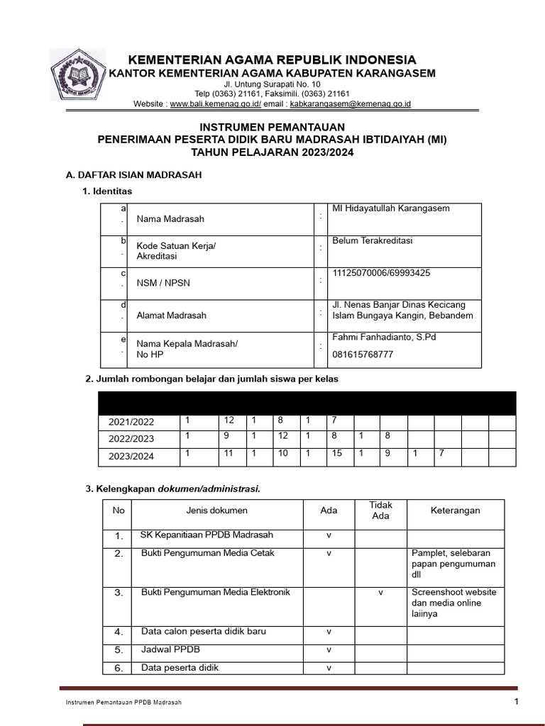 Instrumen PPDB Mi | PDF