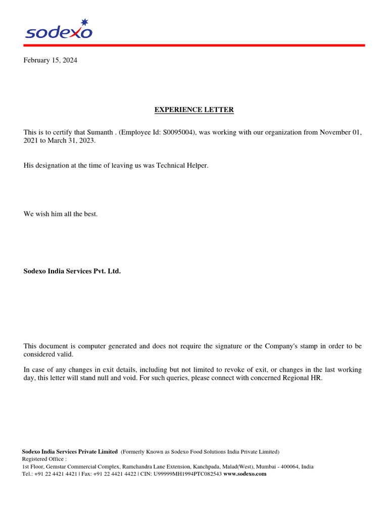 Sodexo Experience Certificate for Sumanth | PDF