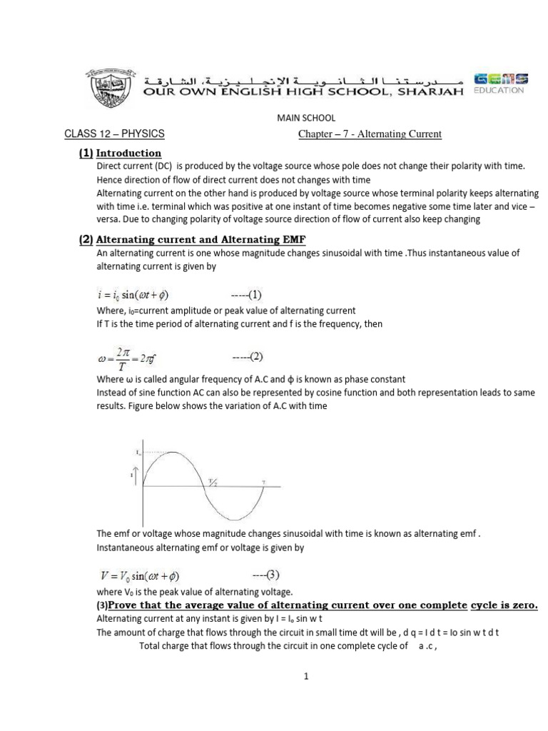Chap 7. Notes Alternating Current | PDF