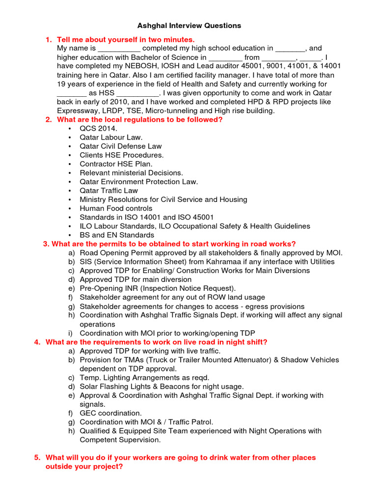 Ashghal Interview Questions Updated Copy 1 | PDF