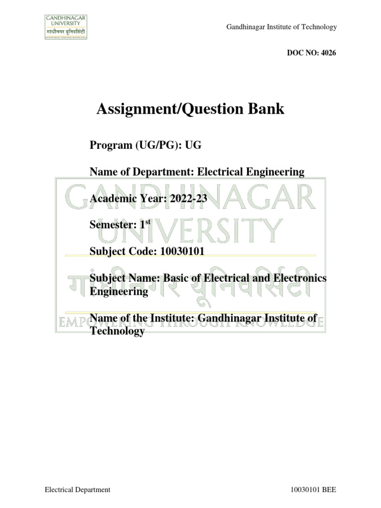 BEE GU Assignment Question Bank | PDF | Electrical Network | Diode
