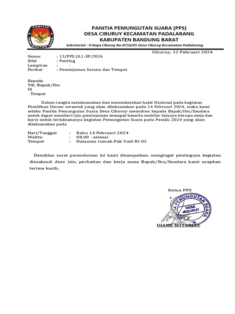 Surat Izin Peminjaman Sarana Dan Tempat TPS | PDF