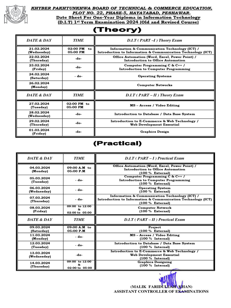 Date Sheet (DIT) 1st Term Exam 2024 | PDF | Information Technology ...