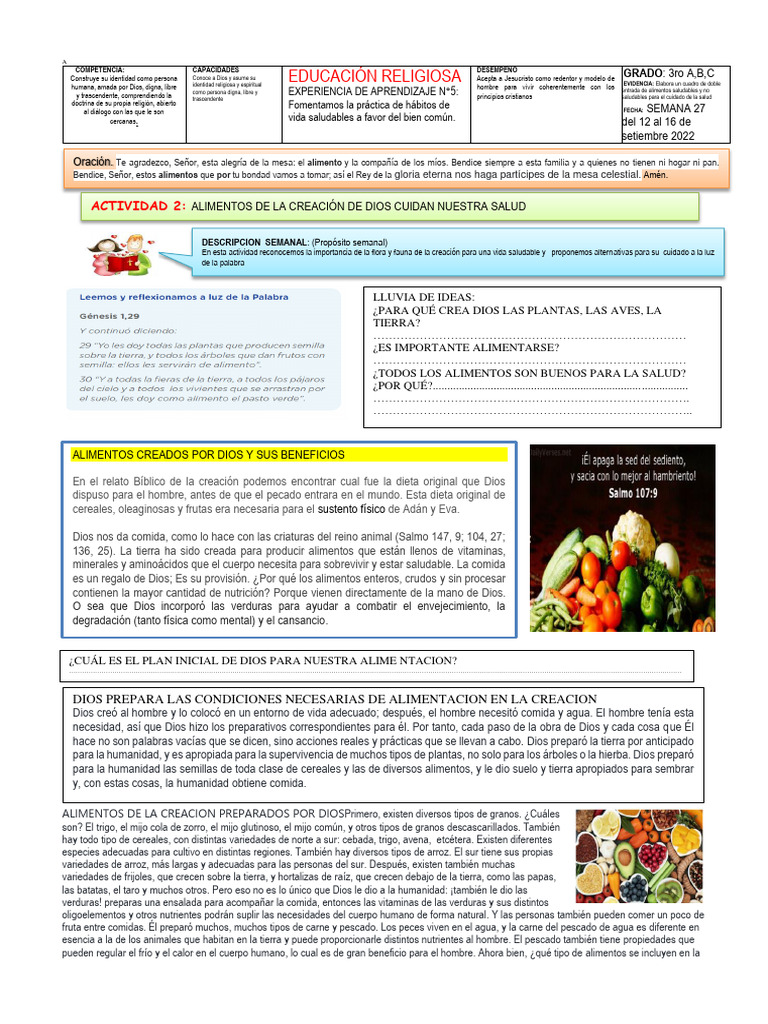 3°semana 27 - Exp 5-Act 2 Religion | PDF | Alimentos | Cereales