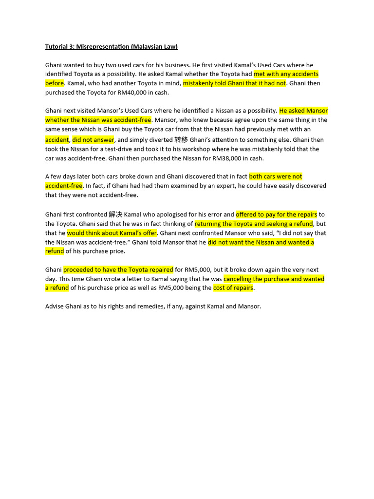 Tutorial 3 - Misrepresentation | PDF | Misrepresentation | Legal Concepts