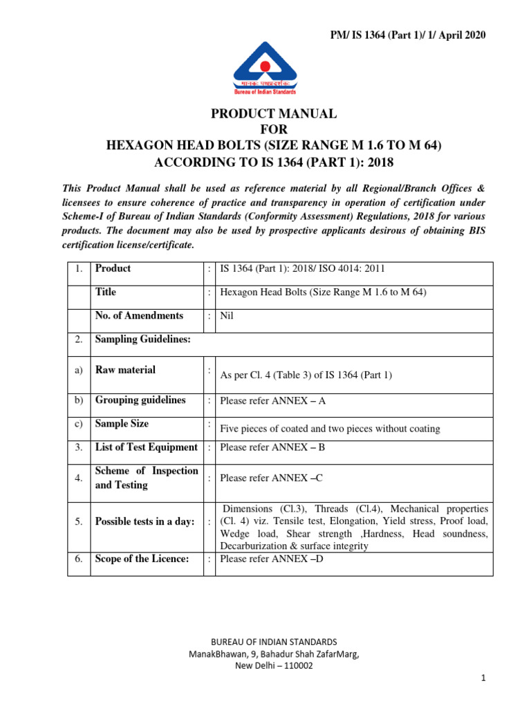 PM IS 1364 Part 1 April 2020 | PDF | Screw | Ultimate Tensile Strength