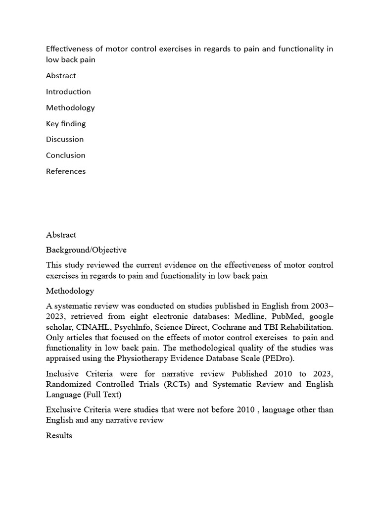 Effectivenmess of Motor Control Exercises in Regards To Pain and ...