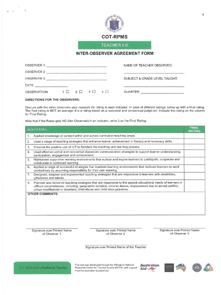 COT Template Rating Sheet 24-25 | PDF