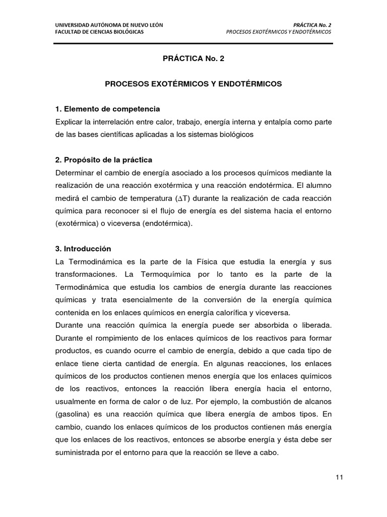 Práctica 2. Procesos Exotermicos y Endotérmicos (Manual) | PDF