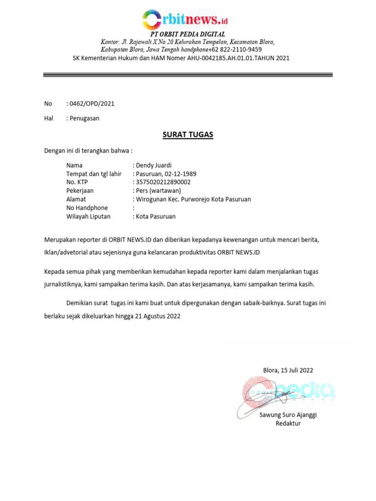 Contoh Surat Tugas Wartawan | PDF
