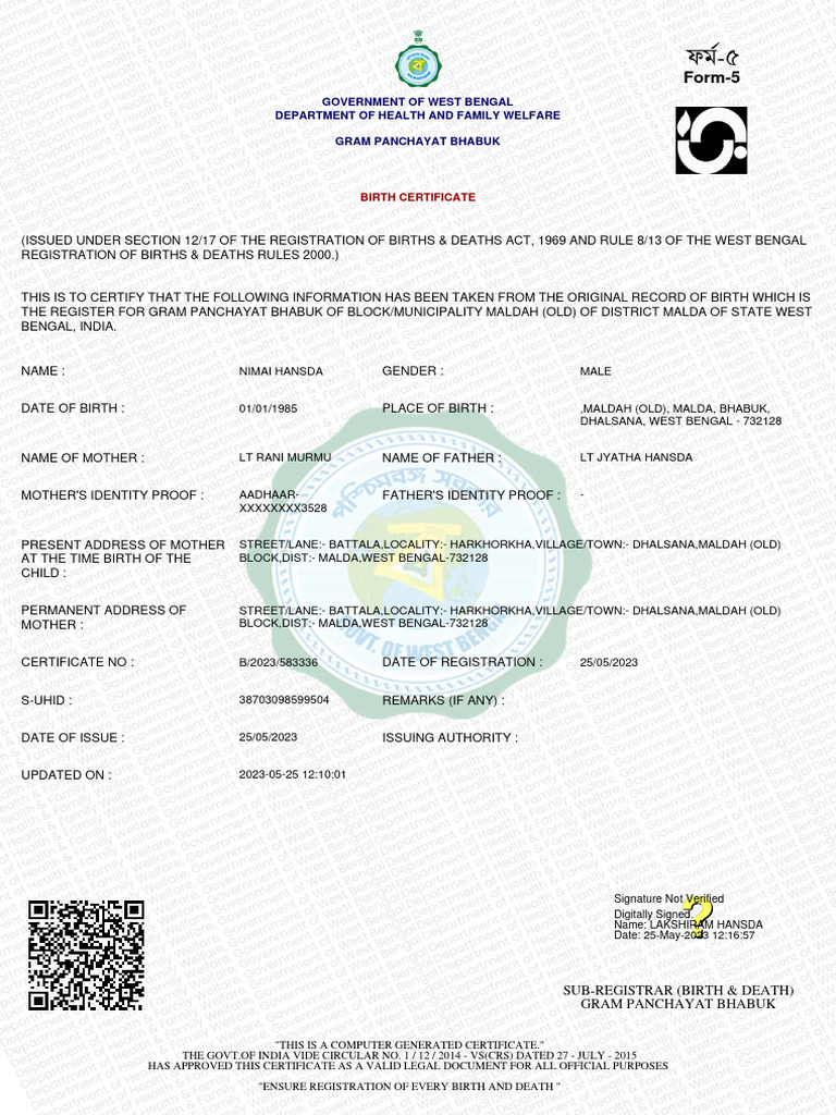 Birth Certificate: Nimai Hansda | PDF | Birth Certificate | Justice