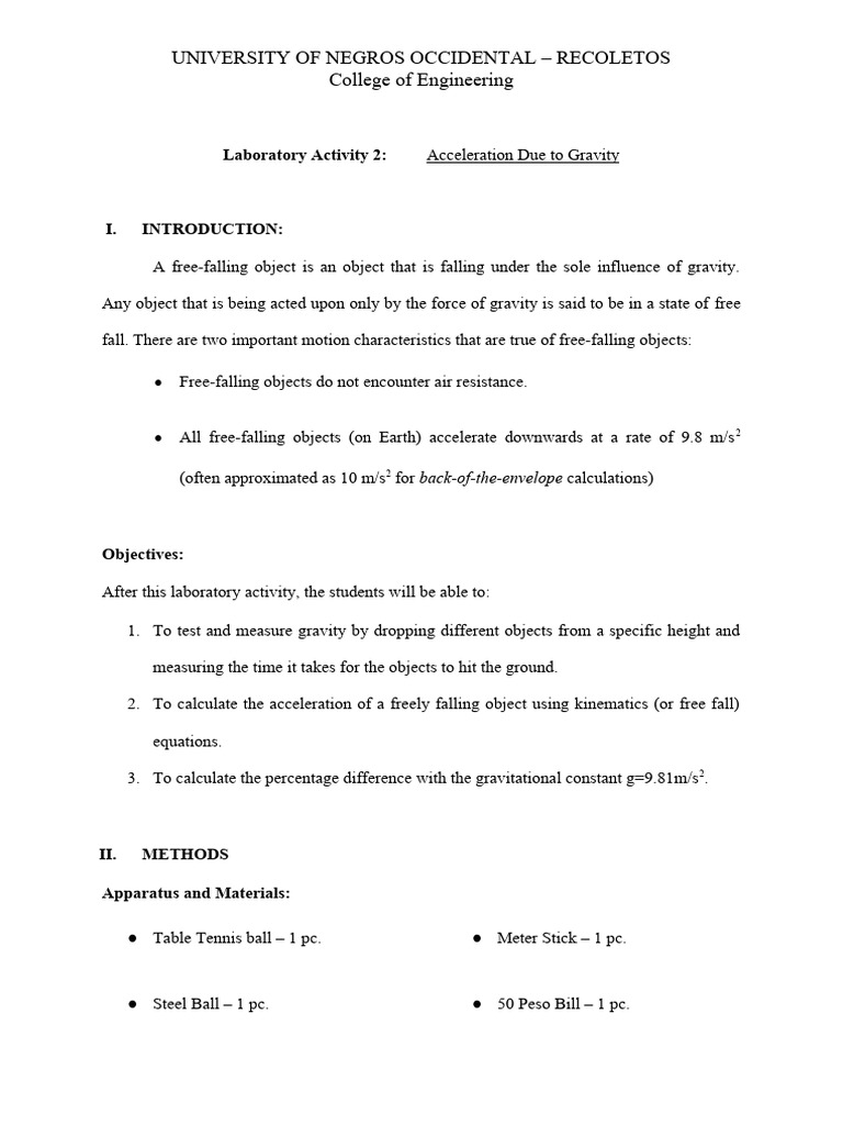 ENPHYS11G Lab Activity 2 Acceleration Due To Gravity 1 | PDF